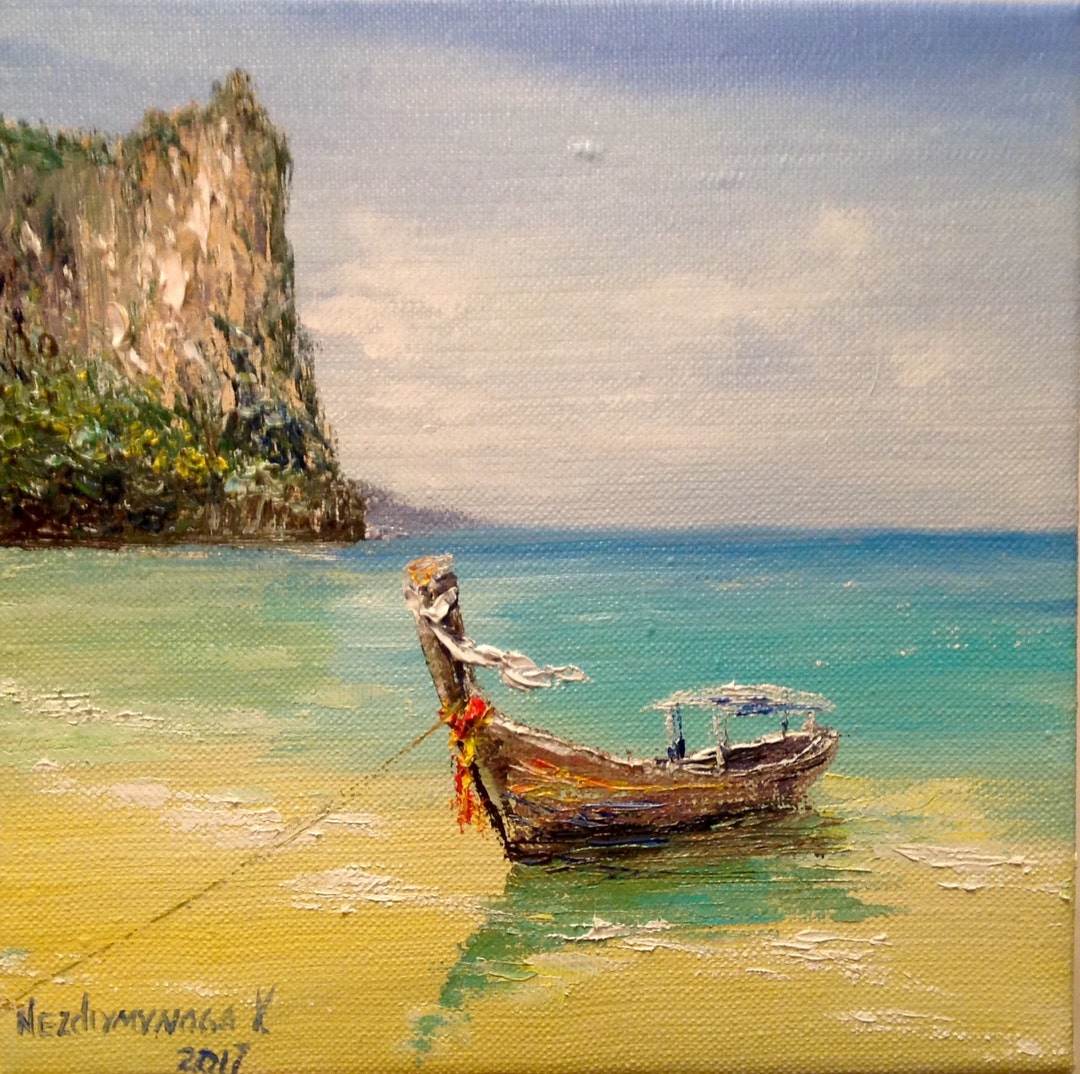 Small Oil Seascape Boat Painting Coast Artwork on Canvas Sea - Etsy
