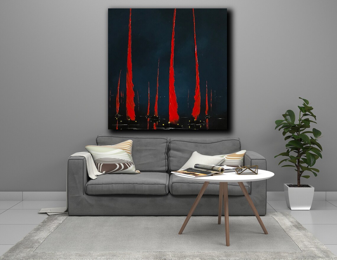 Abstract Red Sails Oil Painting Big Size Nightly Ocean Yachts Custom ...
