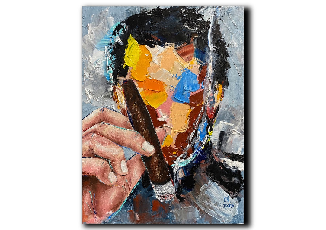 A Man With a Cigar Original Abstract Painting Smoker Oil Portrait Gift ...