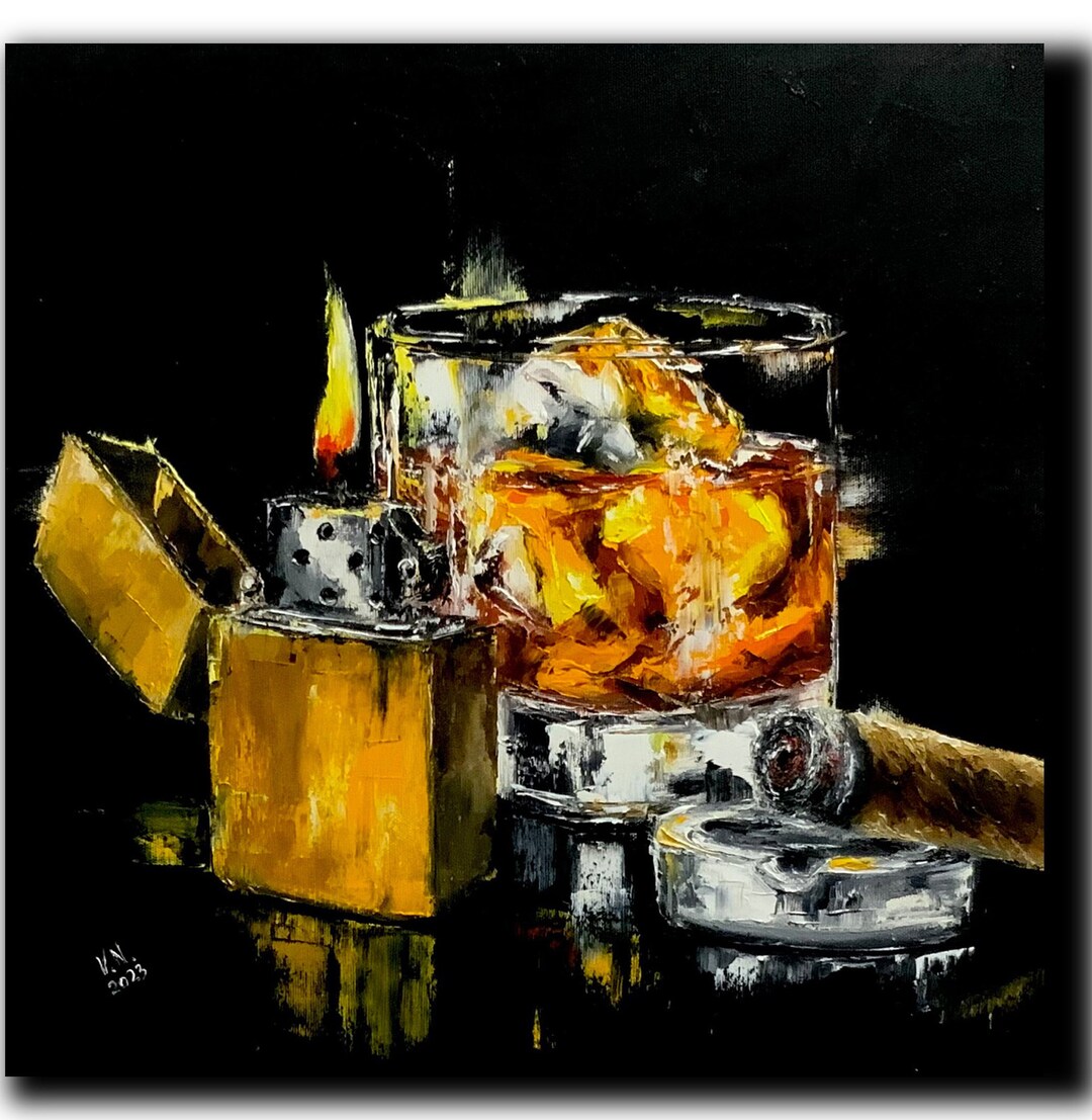 Lighter and Cigar Art Bourbon Glass With Ice Cubes Small Oil Painting ...