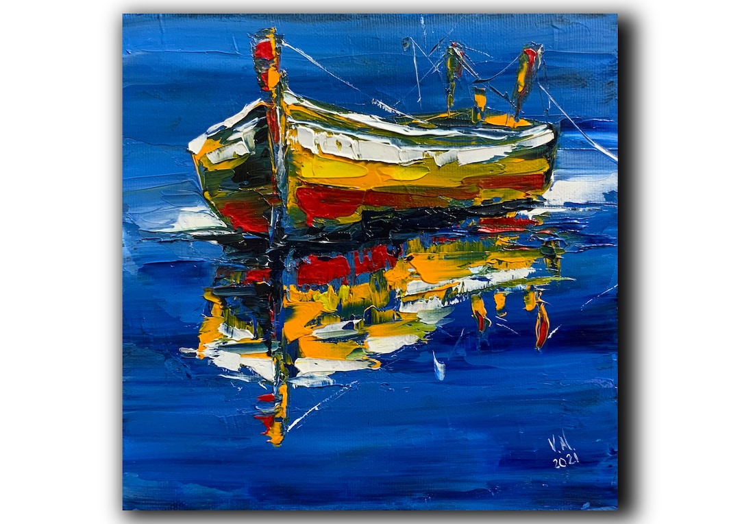 Colorful Fishing Boat Small Oil Painting on Canvas Modern Impressionism ...