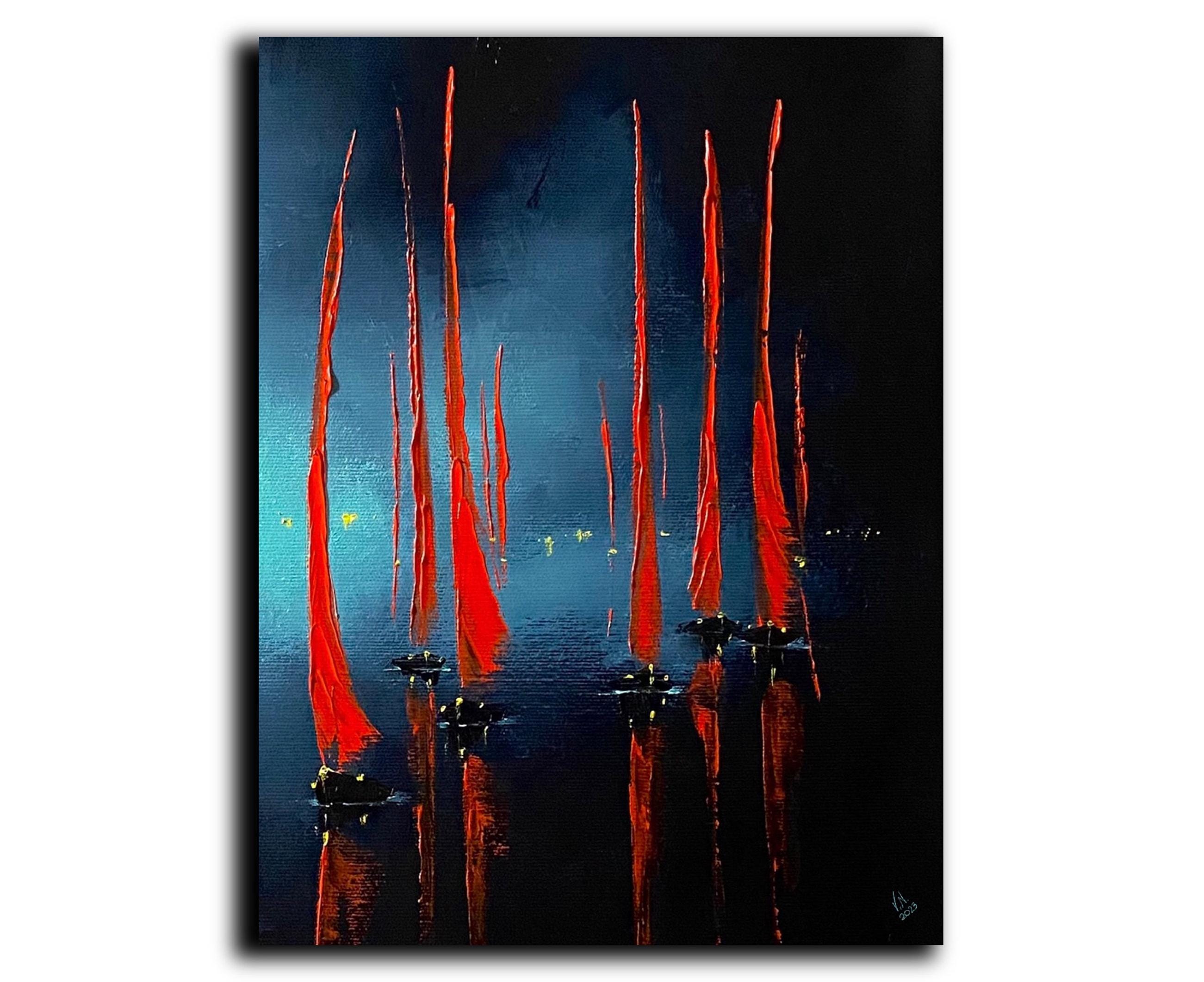 Sailboats at Night Sea Big Oil Painting to Order Blue and Red Seascape ...