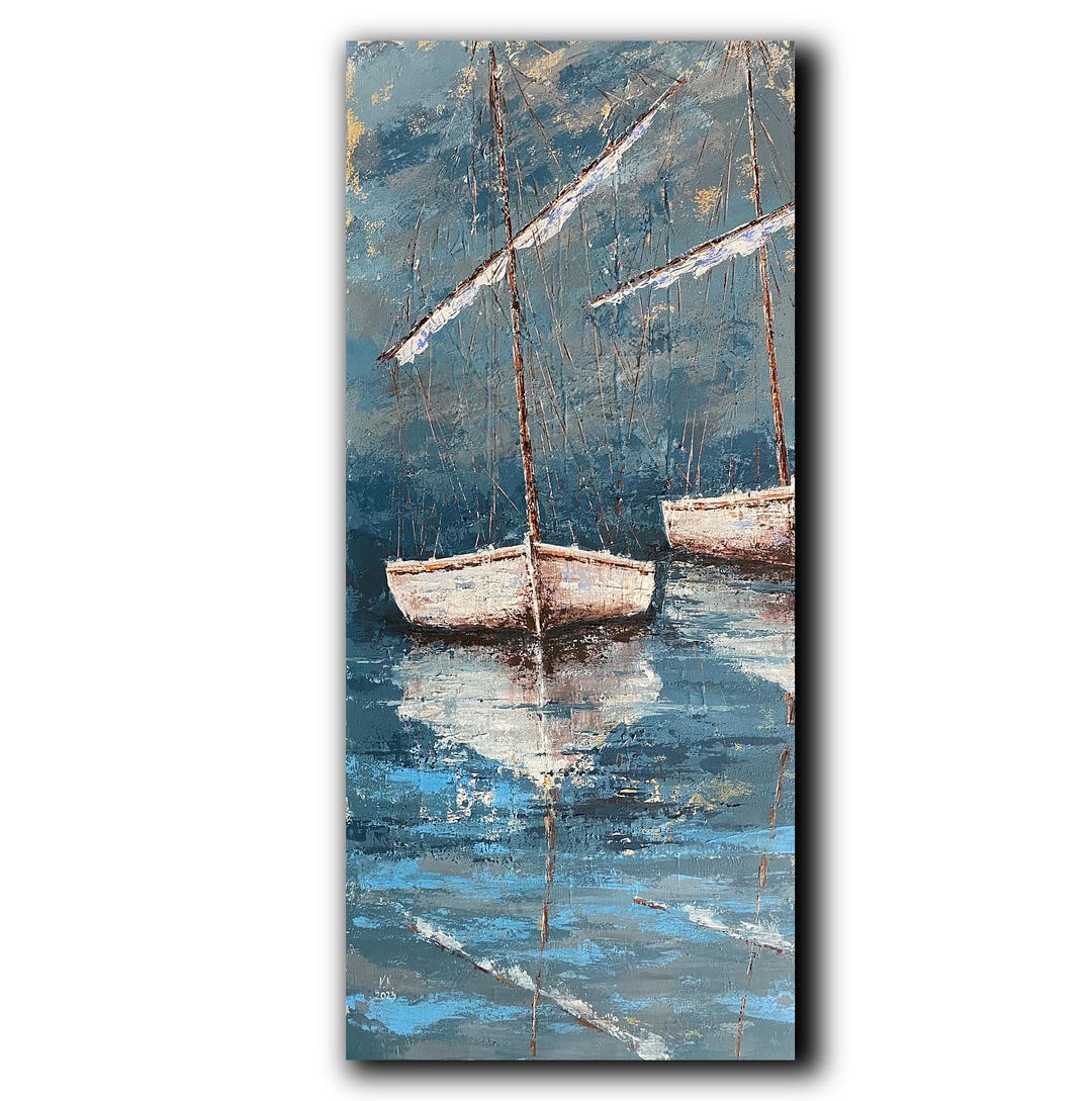 Fishing Boats Original Painting Seascape on Canvas Wall Art Decor ...