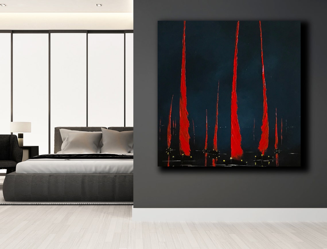 Abstract Red Sails Oil Painting Big Size Nightly Ocean Yachts - Etsy