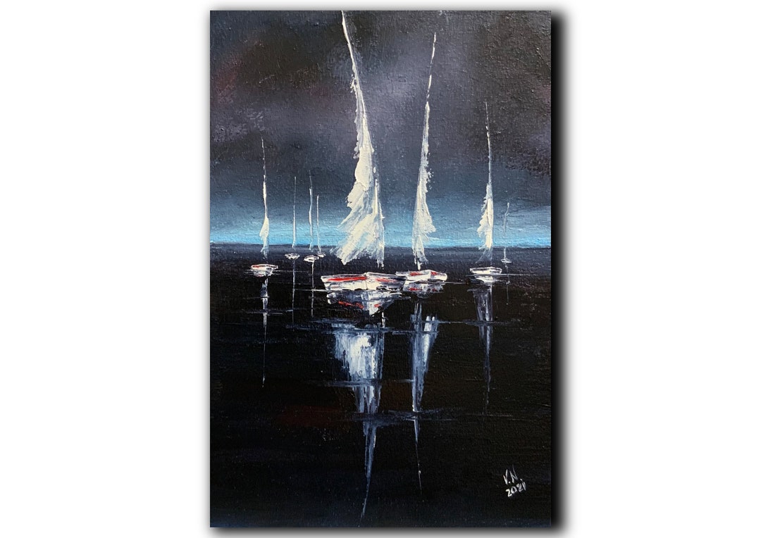 Small Nautical Painting Yachts Abstract Art Sailboats Sunrise Sailing ...