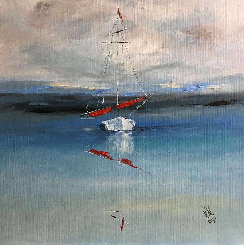 Sailboat acrylic painting Red sail art work Seascape Wall art | Etsy