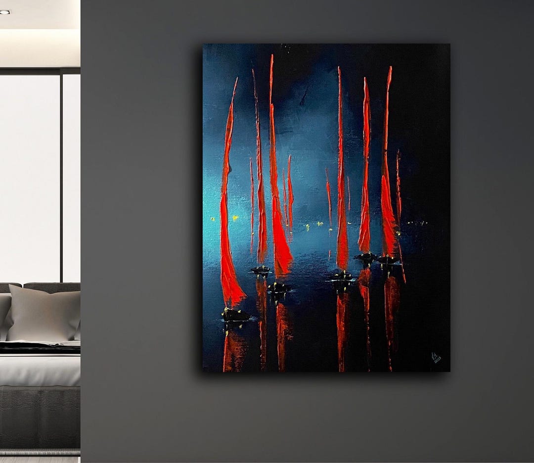 Sailboats at Night Sea Big Oil Painting to Order Blue and Red Seascape ...