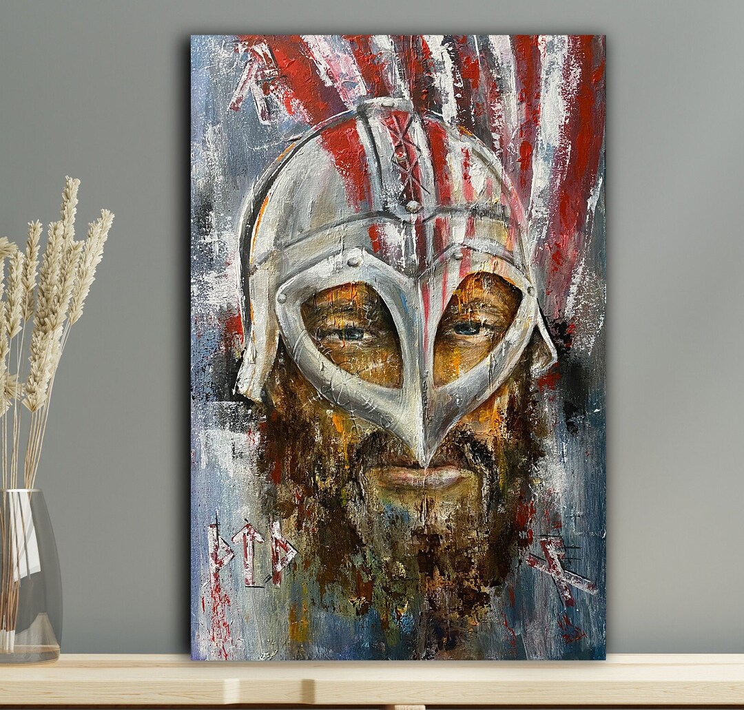 Viking Face in a Helmet Oil Painting Runic Symbols Original Artwork ...