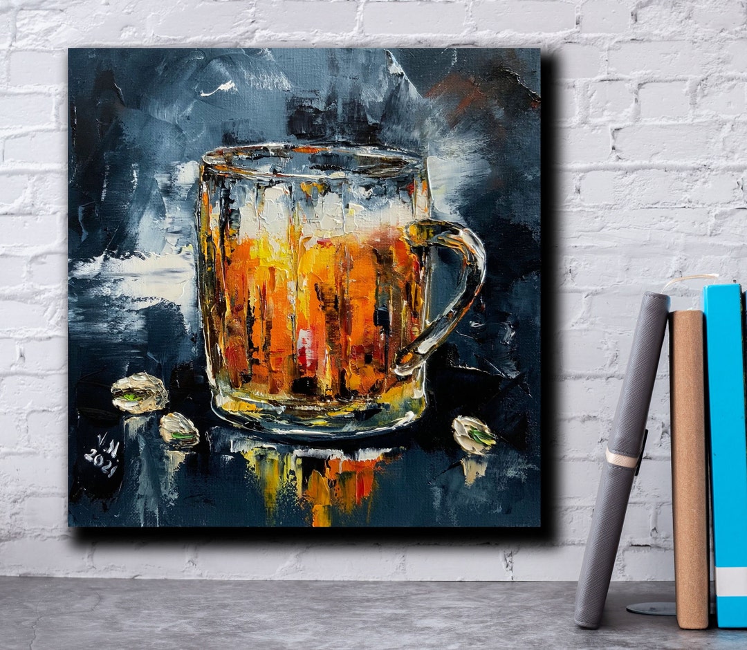 Glass of Beer Original Oil Painting Bar Area Decor Kitchen Decor Drink ...