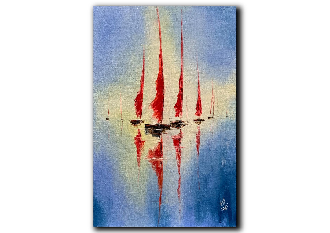 Abstract Yachts Small Painting Oil Seascape Sailboats Miniature Ocean ...
