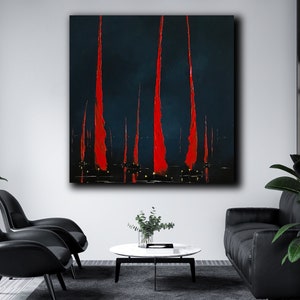 Abstract Red Sails Oil Painting Big Size Nightly Ocean Yachts Custom ...