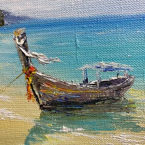 Small Oil Seascape Boat Painting Coast Artwork on Canvas Sea Miniature ...