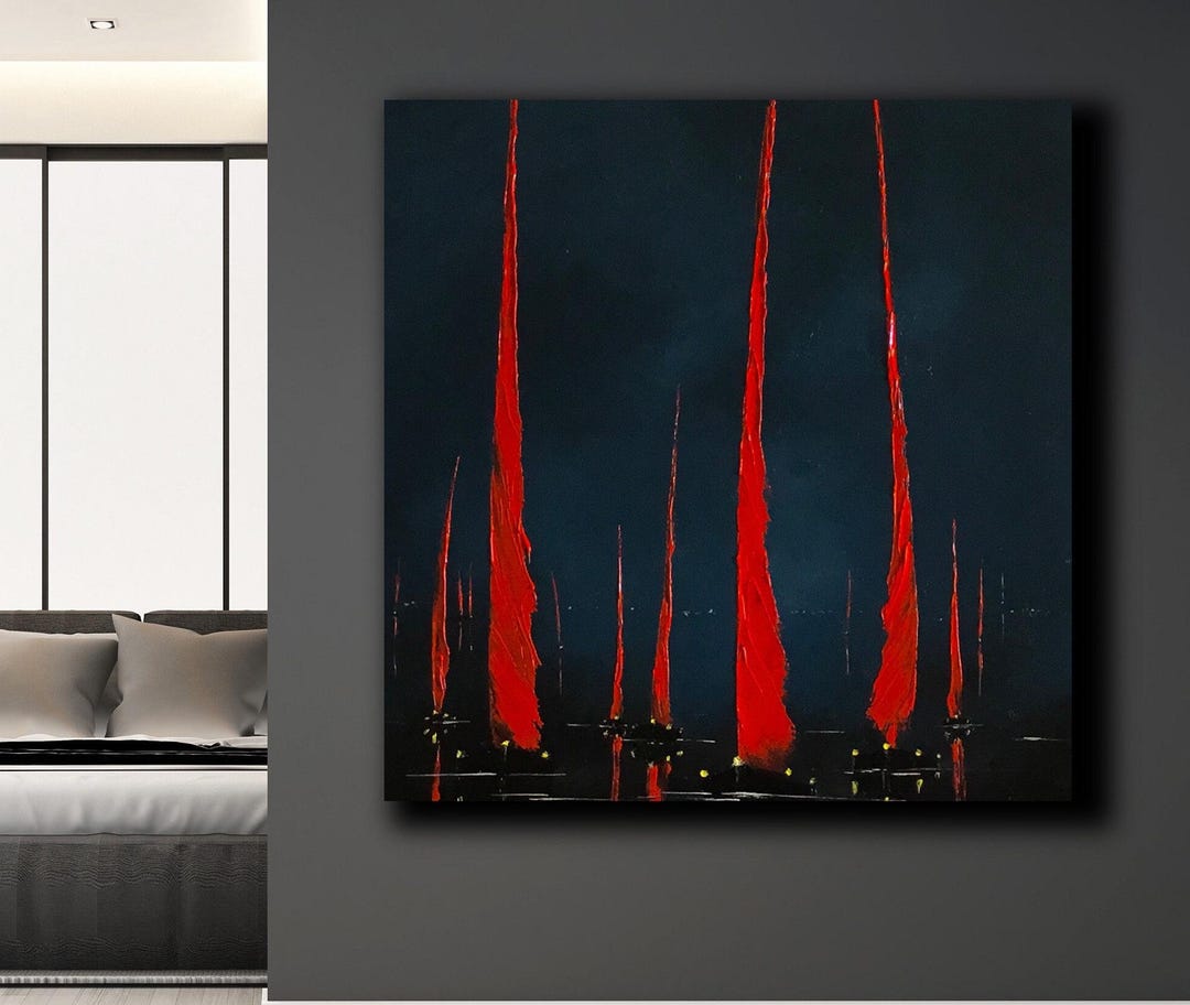 Abstract Red Sails Oil Painting Big Size Nightly Ocean Yachts Custom ...