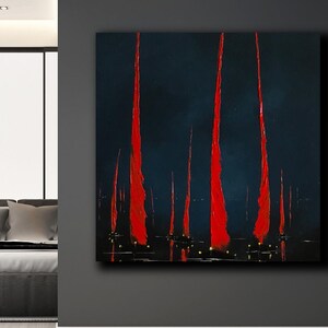 Abstract Red Sails Oil Painting Big Size Nightly Ocean Yachts Custom ...