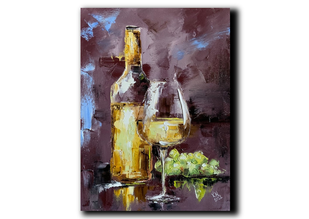 Bottle of White Wine Original Oil Painting Grape and Glass on Canvas ...