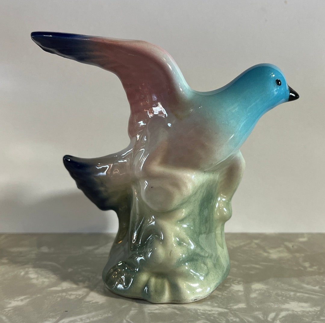 Vintage Ceramic Flying Blue Bird Small Planter Container Trinket Holder ...