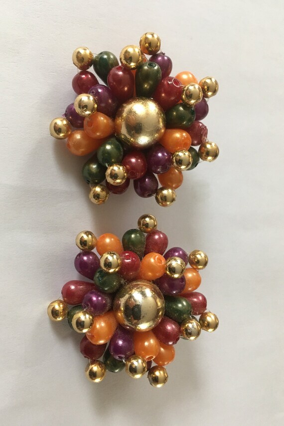 Vintage Huge Autumn Burst Beaded Cluster Clip-On Earr… - Gem