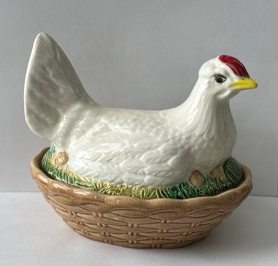 Vintage Large Ceramic Hen on Basket Nest Lidded Dish - Etsy