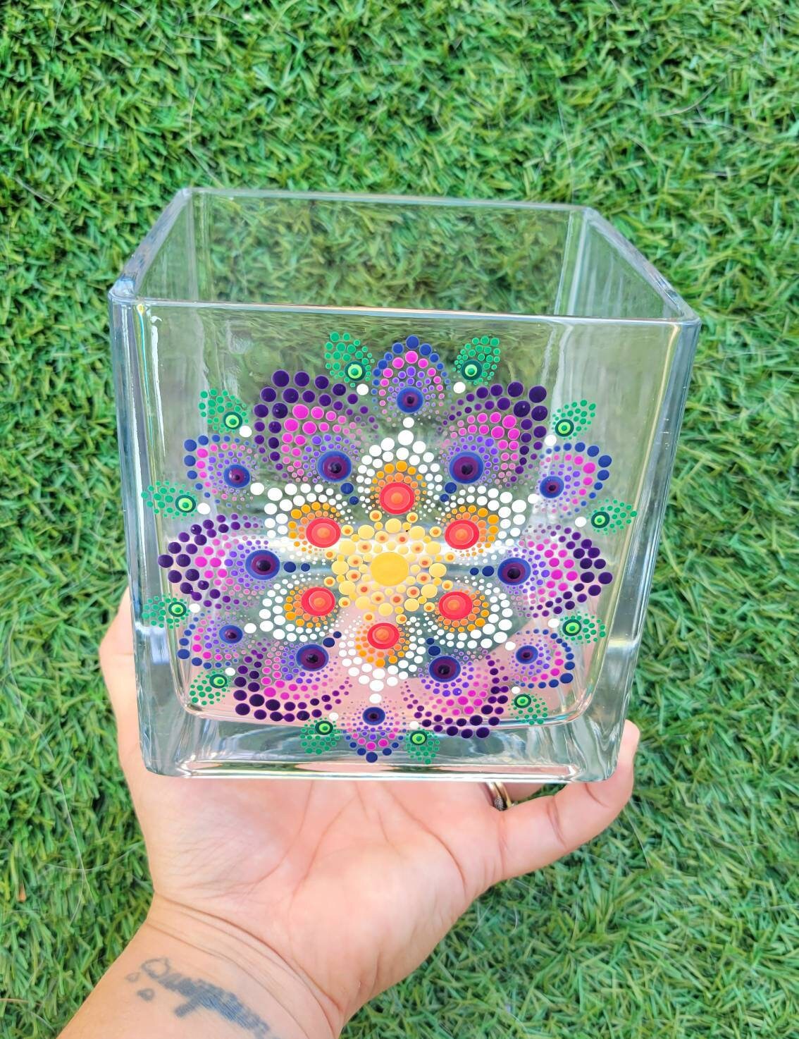 Mandala Dot Art Flower Vase Bird of Paradise Flower Glass Low Profile ...