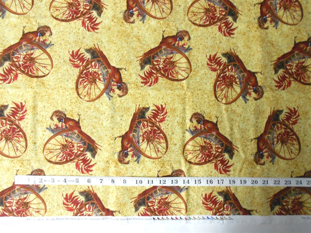 Fabric "pheasant Run" #4163 Pheasant With Wagon Wheel/log in Field ...