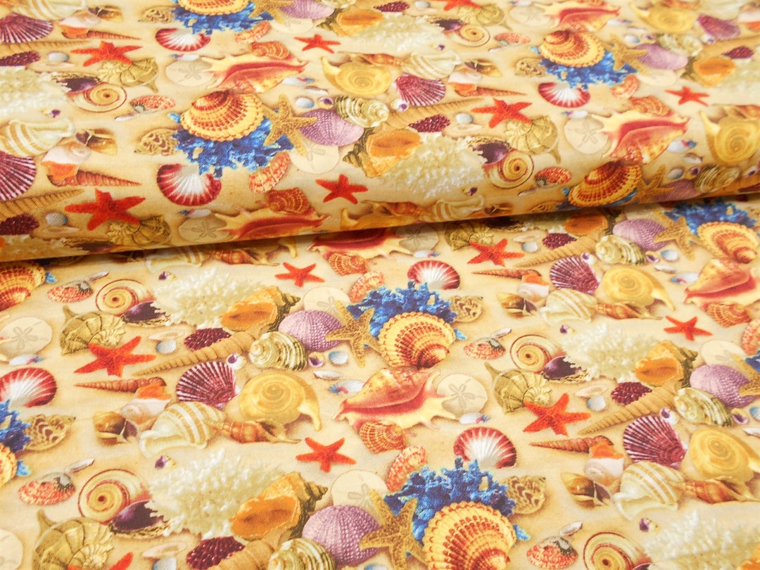 Seashell Sand Fabric-#5418/colorful Starfish Coral Conch Cockle Auger ...