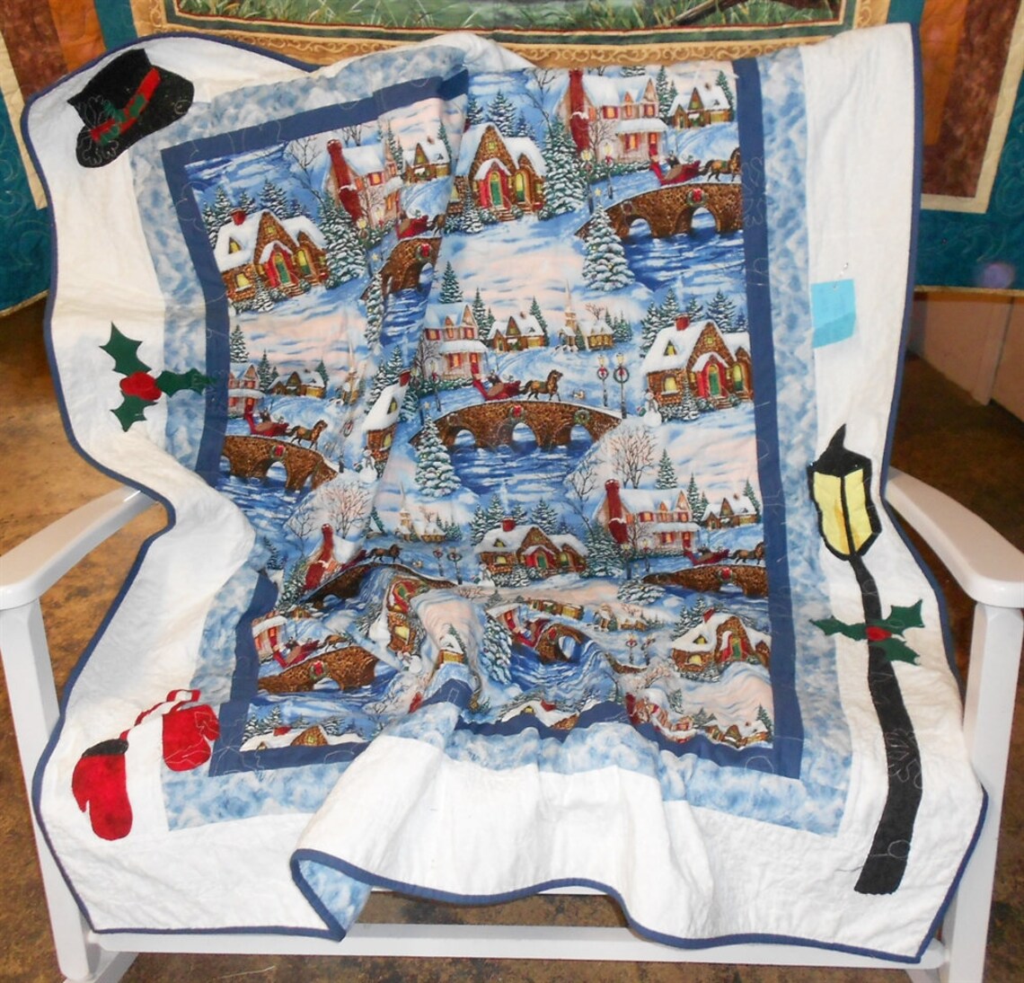 Christmas Scenic Quilt Lap/twin/full Scenic Lamp Post Cottages/stone ...