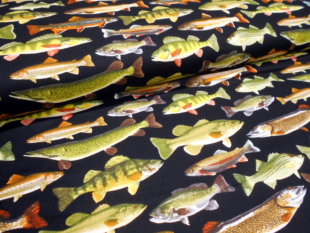 Fish Fabric-bass Trout Perch Walleye Pike Blue Gill on Black Background ...