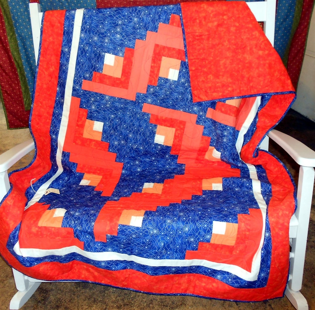 Orange and Blue Log Cabin Lap/twin Quilt 50" X 76" (orange, Blue, White ...