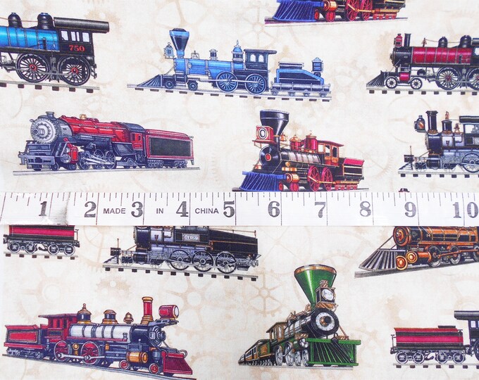Train Fabric-1/2 or 1yd #5139- Locomotion-tan Train Toss/train Engines ...