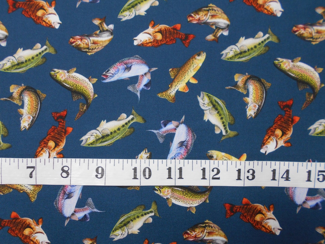 Bass/trout Fabric- Fish on Dark Teal Background #5721/fishing Fisherman ...