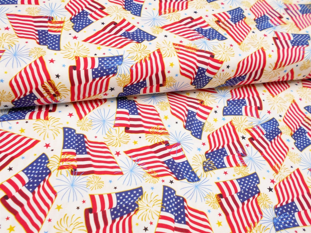 Flag Fabric-#5596 Proud & True- Flags Fireworks on White/patriotic ...