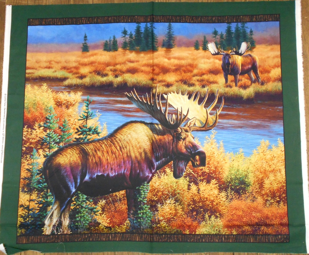 Magnificent Moose Fabric Panel #5484- Bull Moose Grazing in a Field ...