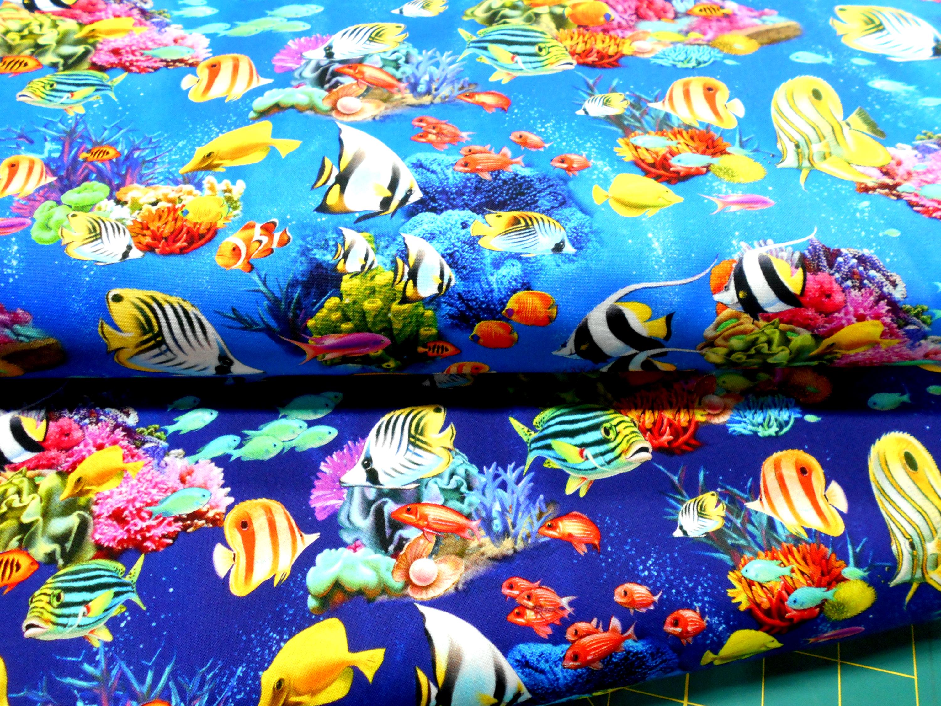 Fabric -sea World Dark Blue Scenic #5943/tropical Fish/underwater Ocean ...