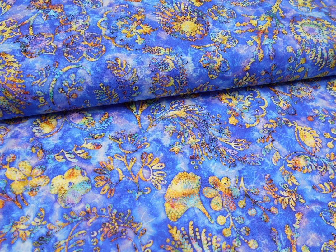 Fabric-#5584-floral & Leaf Toss Blue/batik Like Digitally Printed/dan ...