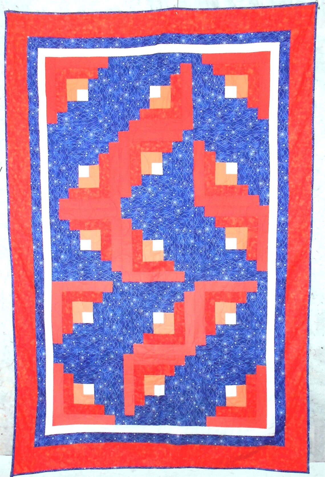 Orange and Blue Log Cabin Lap/twin Quilt 50" X 76" (orange, Blue, White ...