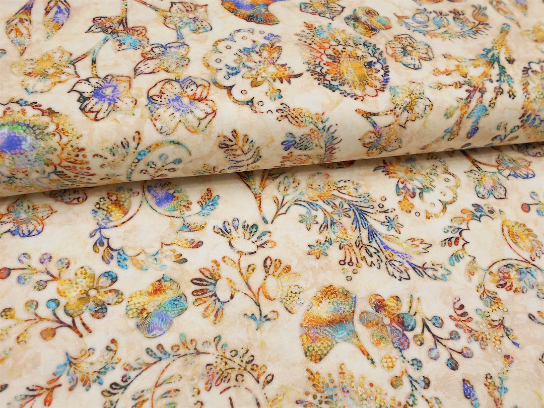 Fabric-1/2 or 1yd Piece 5585-floral & Leaf Toss Cream/batik Like ...
