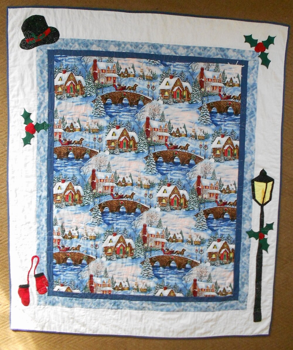 Christmas Scenic Quilt Lap/twin/full Scenic Lamp Post Cottages/stone ...