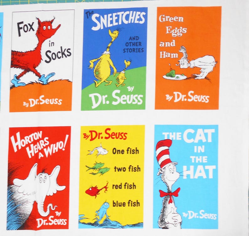 Fabric-dr Seuss Book Cover Panel #6195/23x43"/cat in Hat/yertle Turtle ...