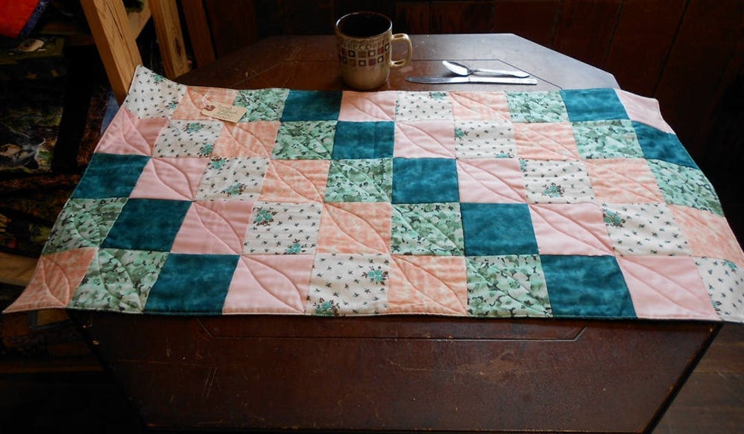 Peach/teal/brown/white Floral Block Turned Table Runner 17" X 34" - Etsy