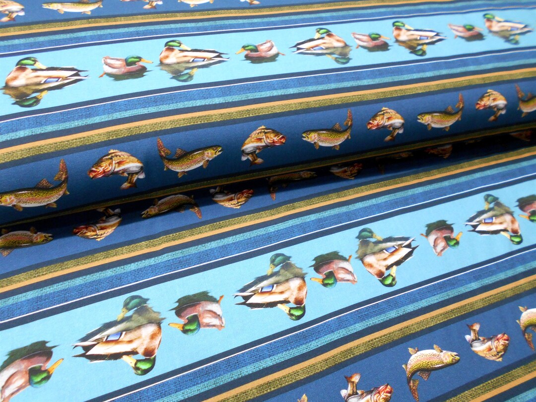 Mallard Ducks/bass and Trout Border Print Fabric- Ducks and Fish Border ...