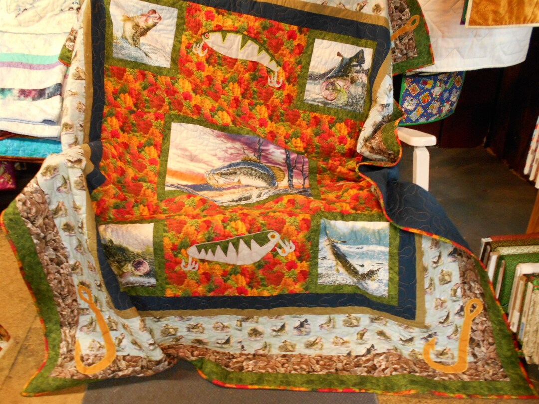 Bass Quilt-full/queen/approx. 75x87"/appliqued Lures and Hooks/bass ...
