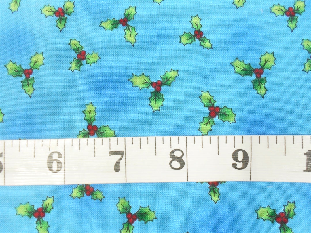 Fabric-#347 Green Holly Leaves and Red Berries/bright Blue Background ...