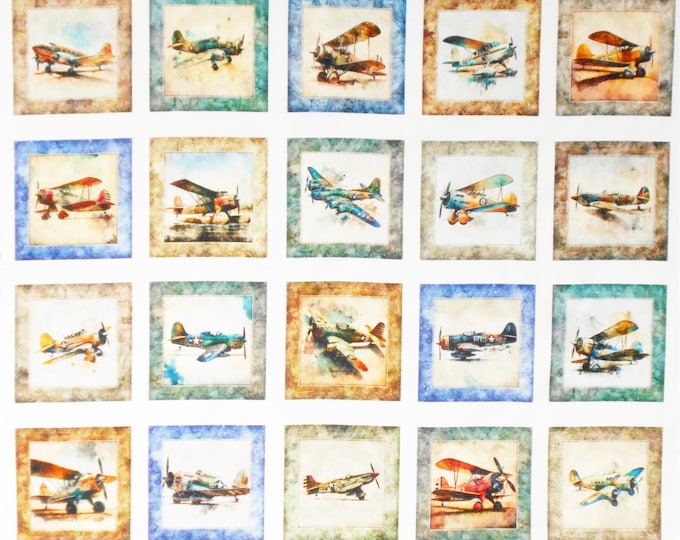 Fabric-#5964 Flying High Vintage Airplane/20 Block Panel/cream/approx ...