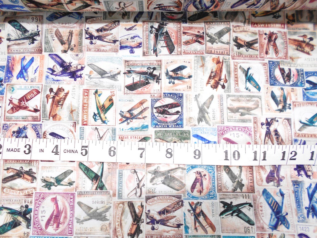 Fabric-#5966 Flying High Vintage Airplane Collage/stamps/multi Colored ...