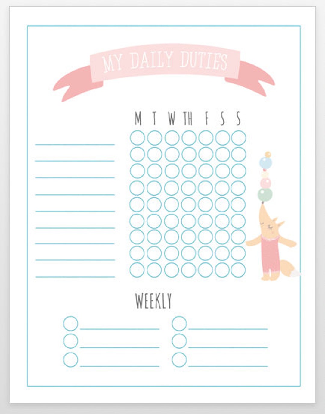 Fox Theme, Printable Chore Chart, Daily Jobs Chart, Contribution Chart ...