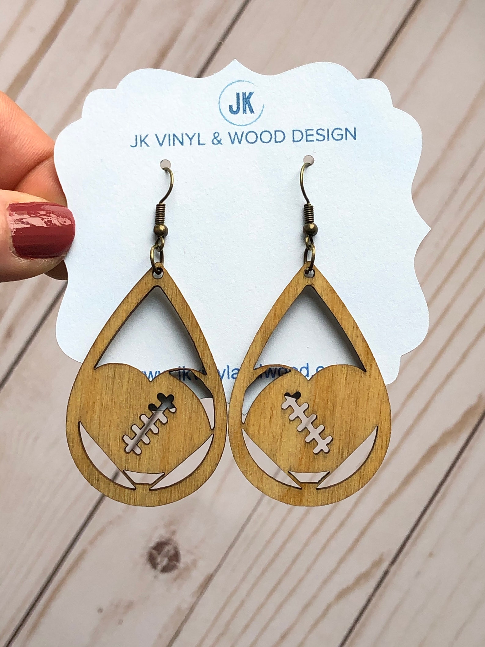 Football Heart Earrings, Wooden Earrings, Lightweight Earring, Teardrop ...