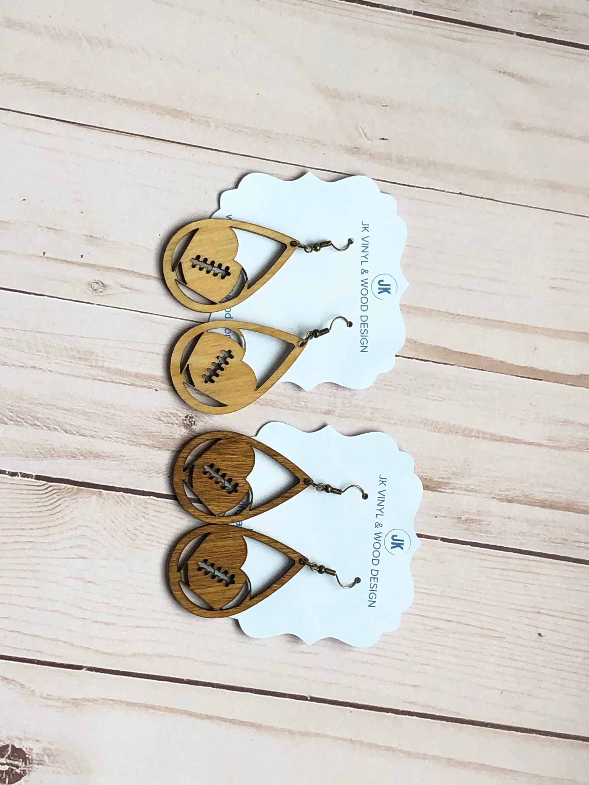 Football Heart Earrings, Wooden Earrings, Lightweight Earring, Teardrop ...