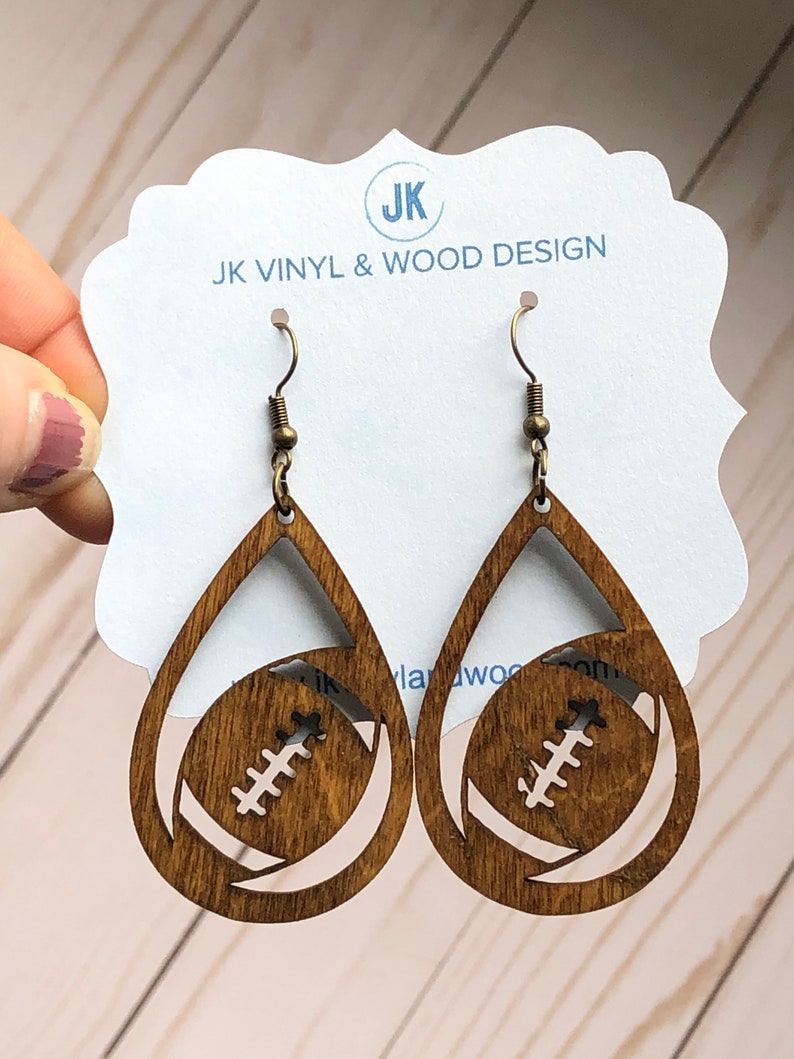 Football Heart Earrings, Wooden Earrings, Lightweight Earring, Teardrop ...