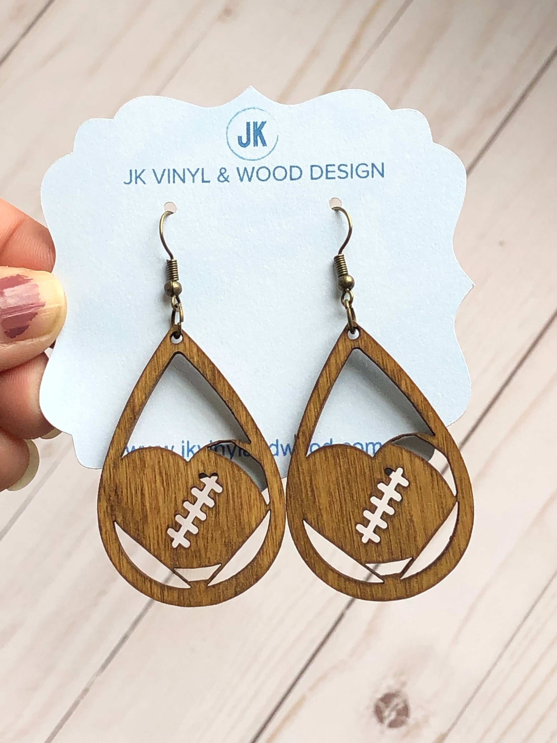 Football Heart Earrings, Wooden Earrings, Lightweight Earring, Teardrop ...