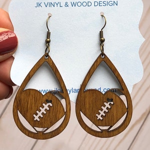 Football Heart Earrings, Wooden Earrings, Lightweight Earring, Teardrop ...